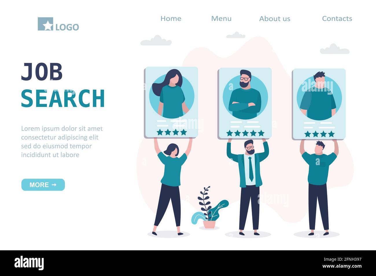 Job search landing page template. Group of various candidates hold ...