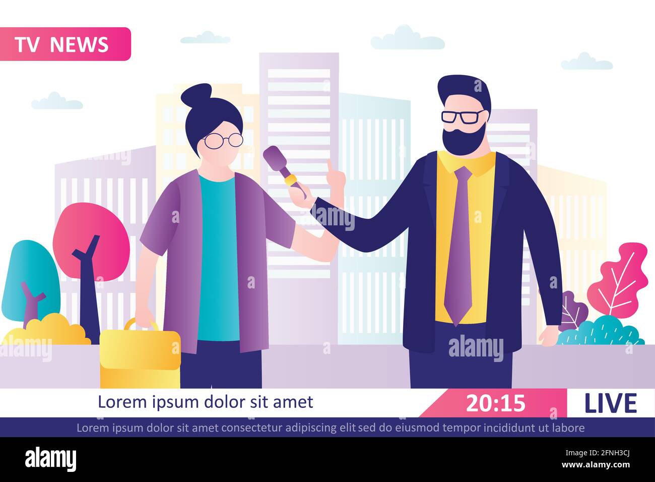 Journalist interviews business lady. Reporter holding microphone and give questions. Anchorman ...