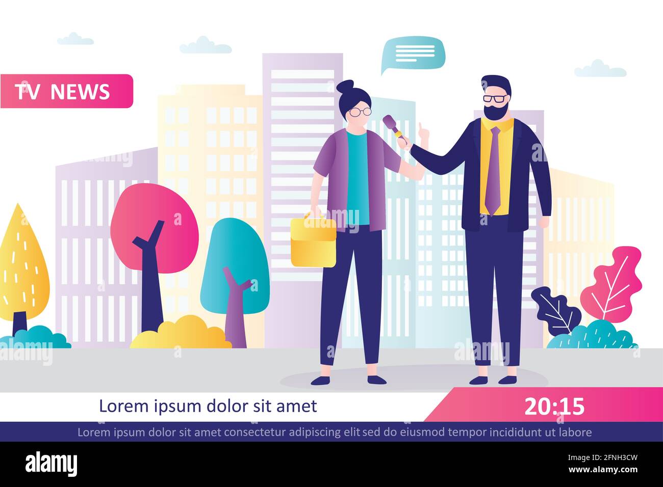 Journalist interviews business woman. Reporter hold microphone and give questions. Anchorman on ...