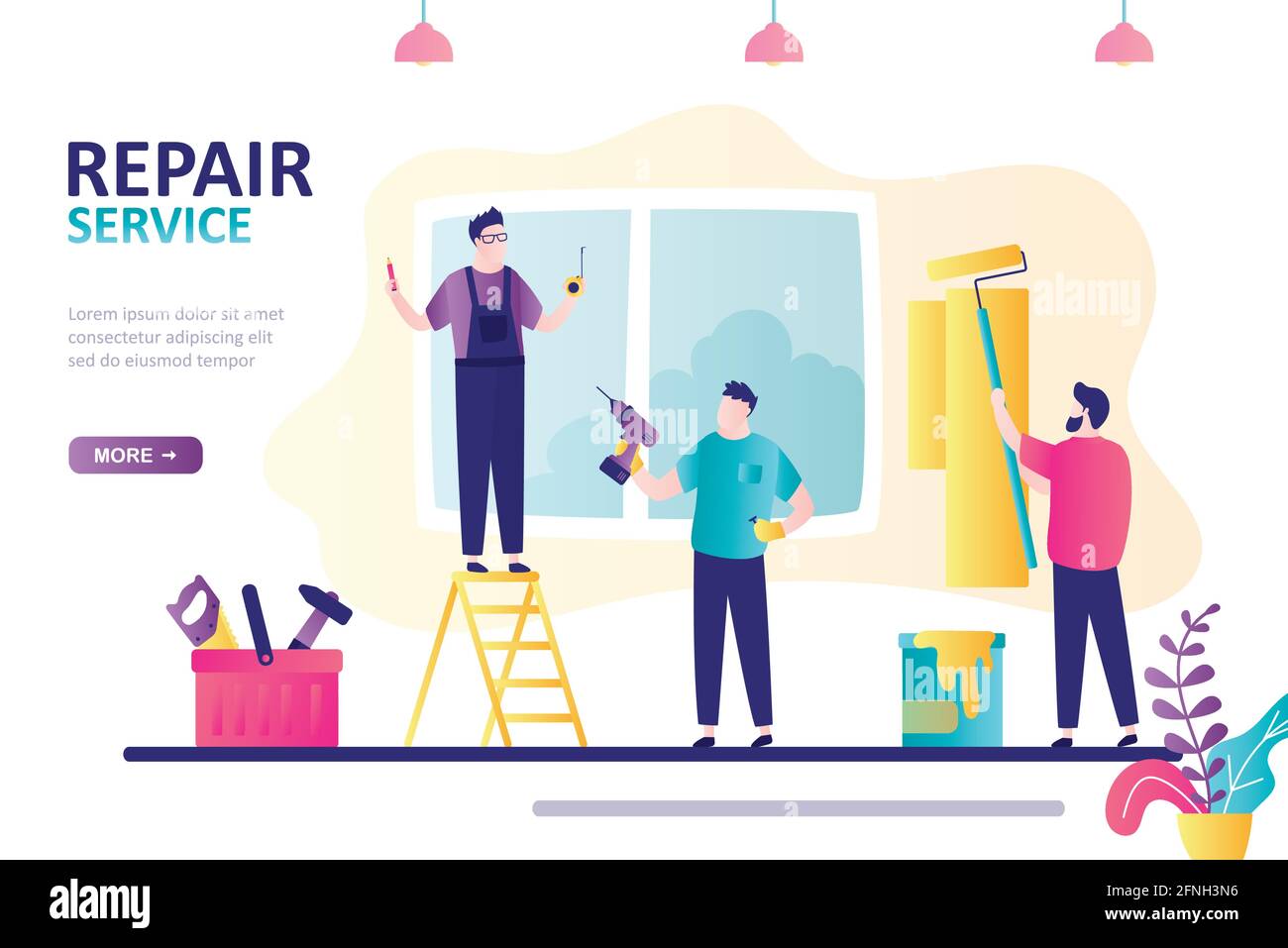 Landing page on theme repair service. Male team repairs room with ...