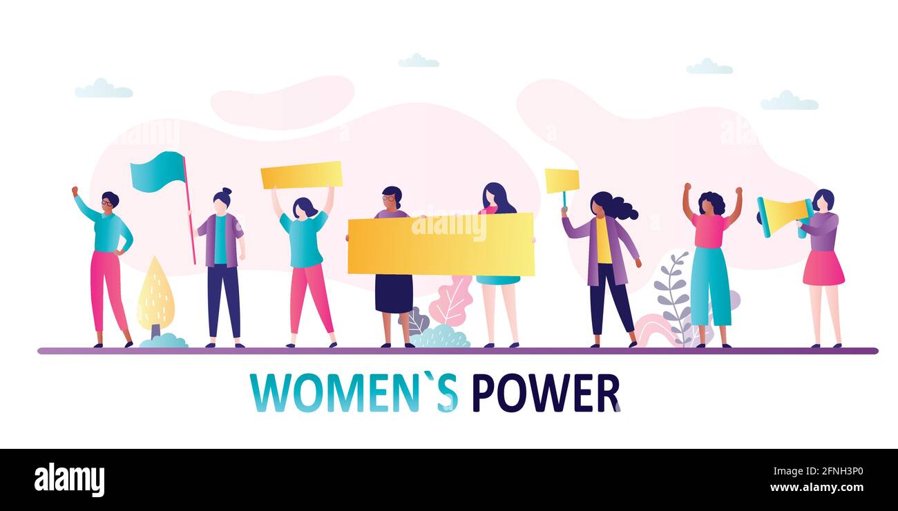 Women rights protest. Girl Power movement concept. Crowd of multiracial ...