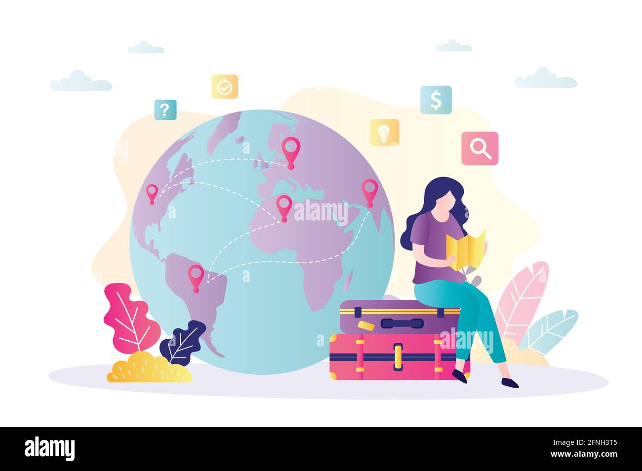 Concept of vacation planning, world navigation and tourism. Cute woman ...