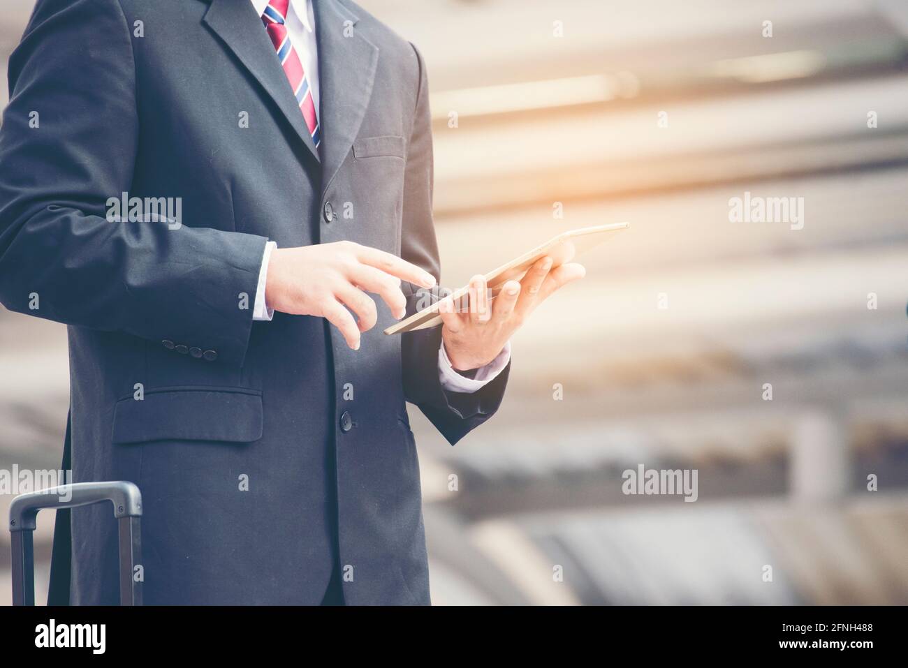 Leader young executive businessman standing in modern city background ...