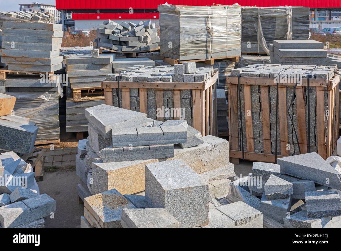 Cobblestones Blocks Bricks in Crates at Pallets Construction Site ...