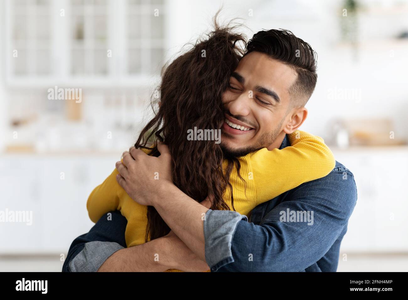 Happy Father's Day. Closeup Portrait Of Little Girl Cuddling Her Arab ...