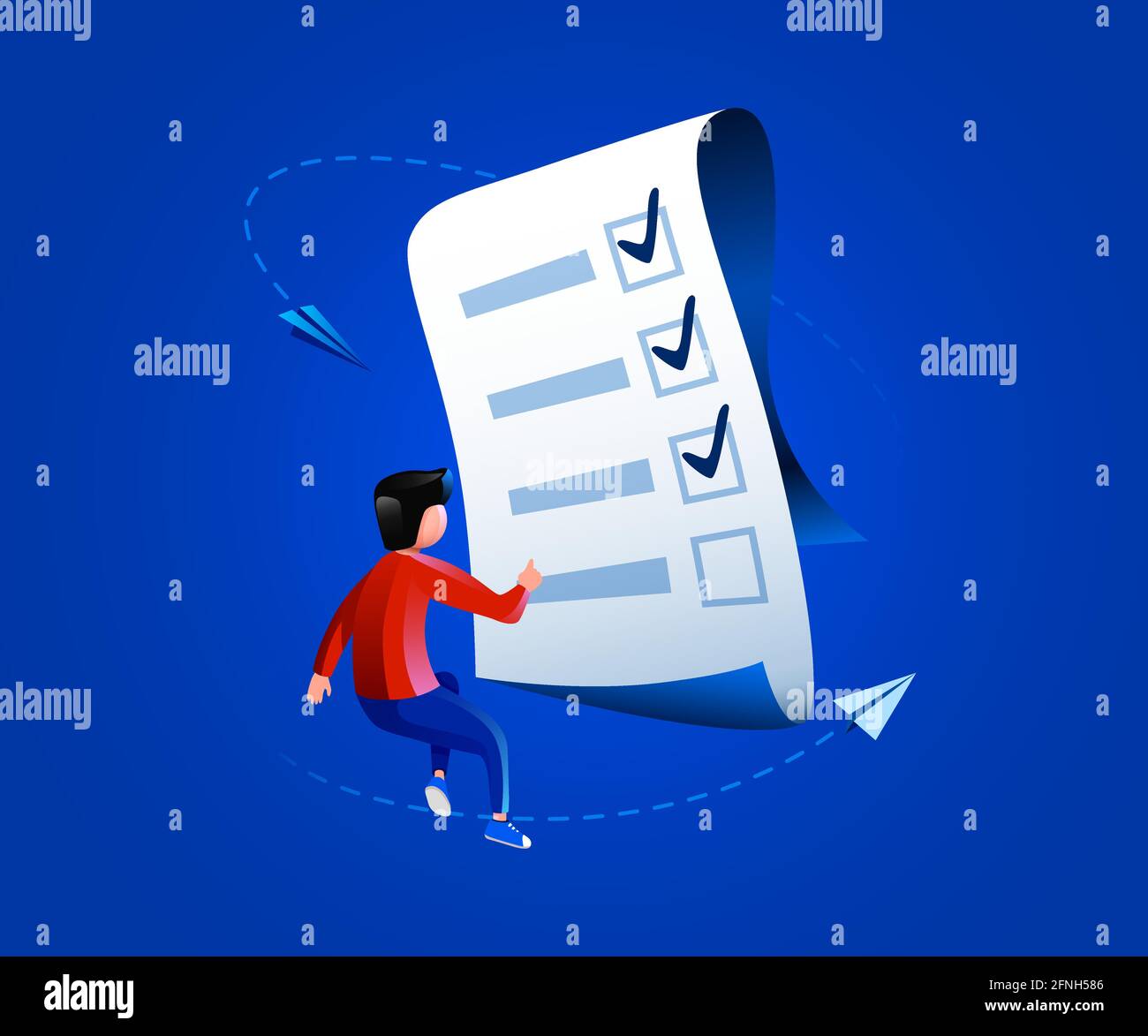 People fly around paper checklist. Manager or test review concept ...