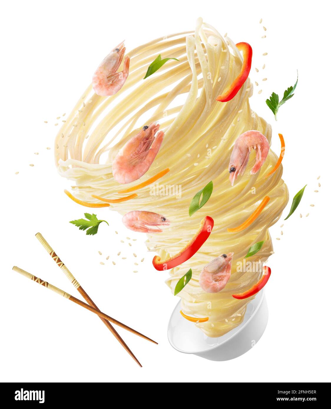 Noodles with vegetables and shrimps in the form of a tornado. Wooden ...