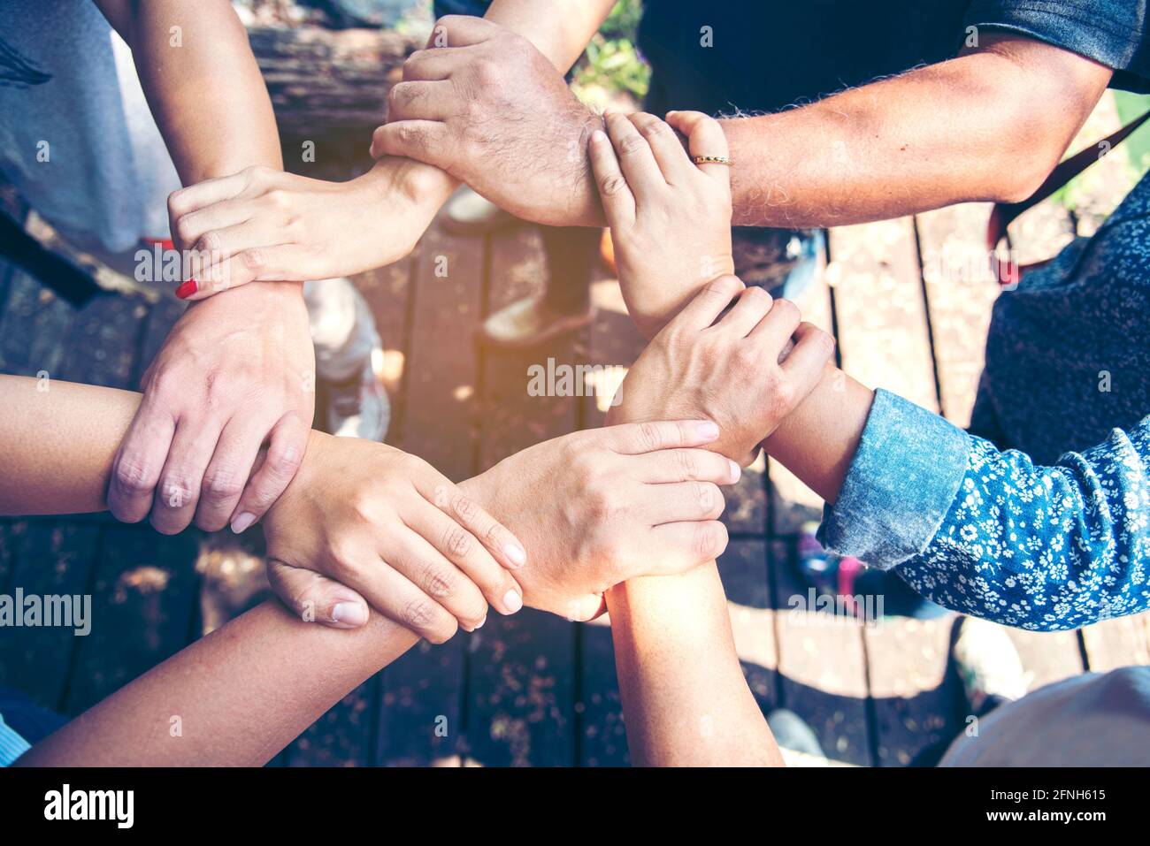 Concept partnership. Group of Photographers Partners Team with hands ...