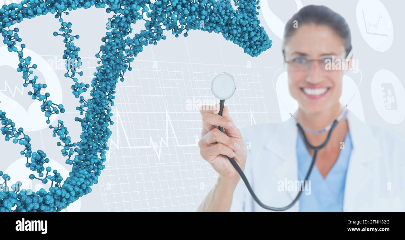 Dna strand animation over smiling hi-res stock photography and images ...