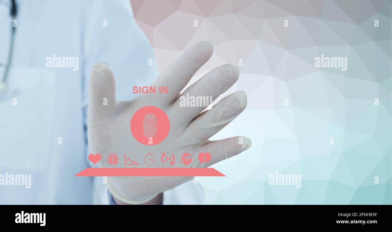 Composition of male doctor using virtual screen with red medical icons ...