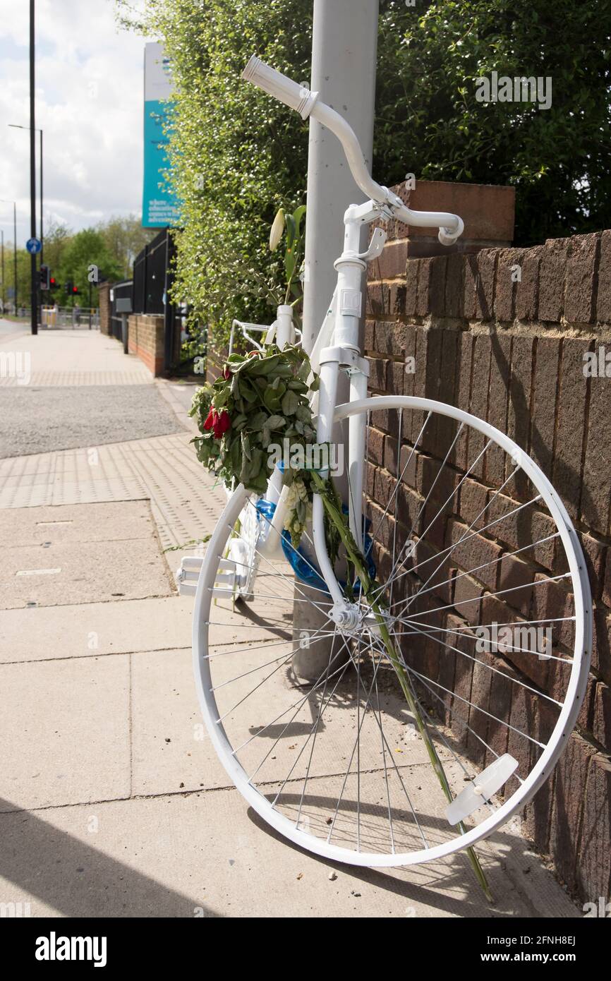 white painted ghost bike marking the spot where a cyclist was killed by ...