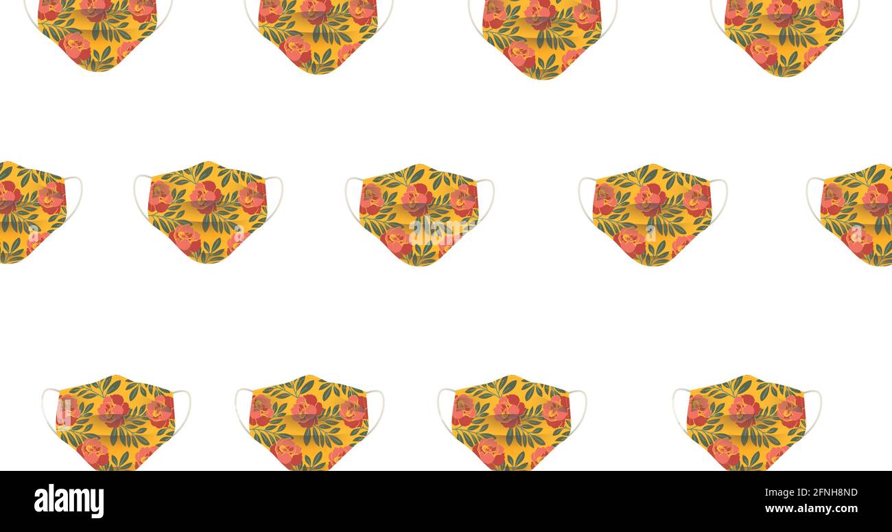 Illustration of rows of face masks with flower pattern on white ...