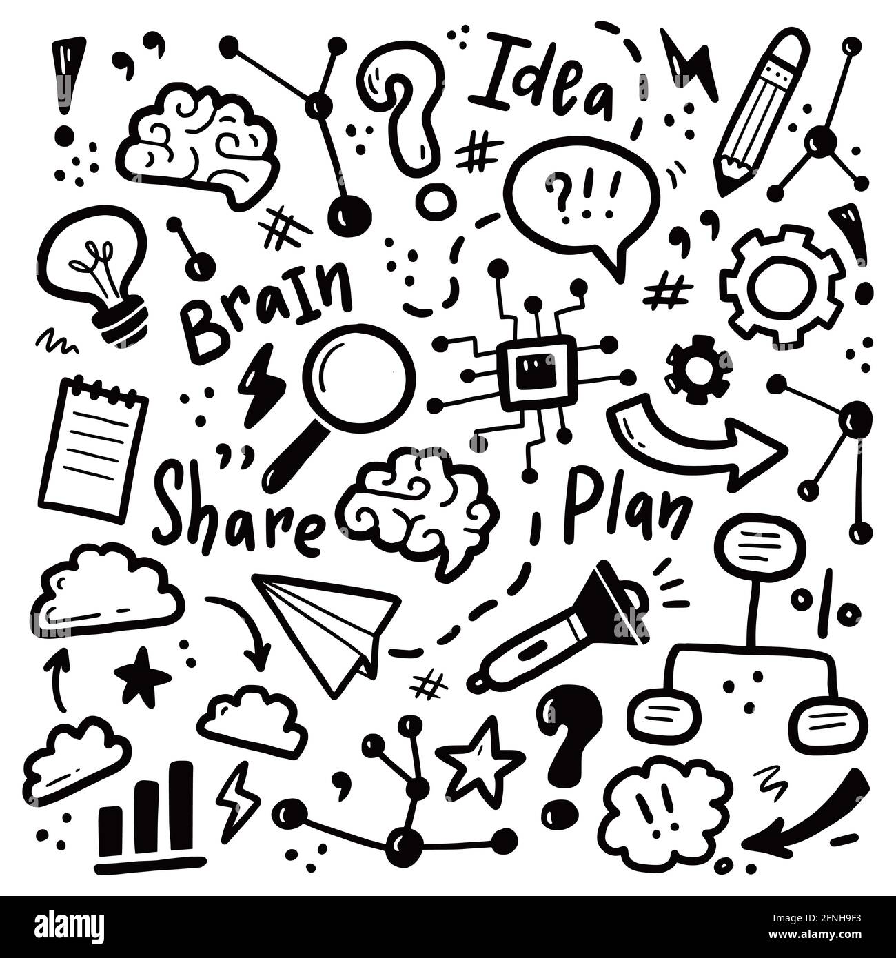 Hand drawn set of brainstorm, idea, brain elements. Doodle sketch style ...