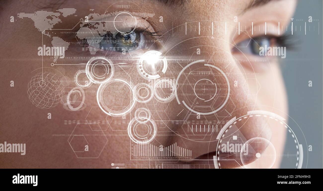 Composition of scope scanning data processing over woman's face Stock ...