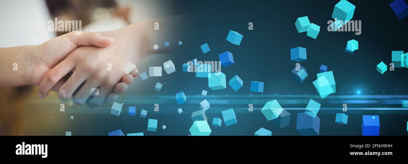Composition of network of blue cubes over businesswomen shaking hands ...