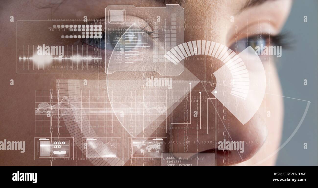 Composition of scope scanning data processing over woman's face Stock ...