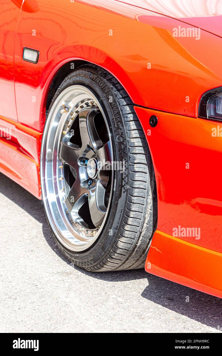 Samara, Russia - May 15, 2021: Modern car wheel with light alloy disc and low profile tire Stock ...