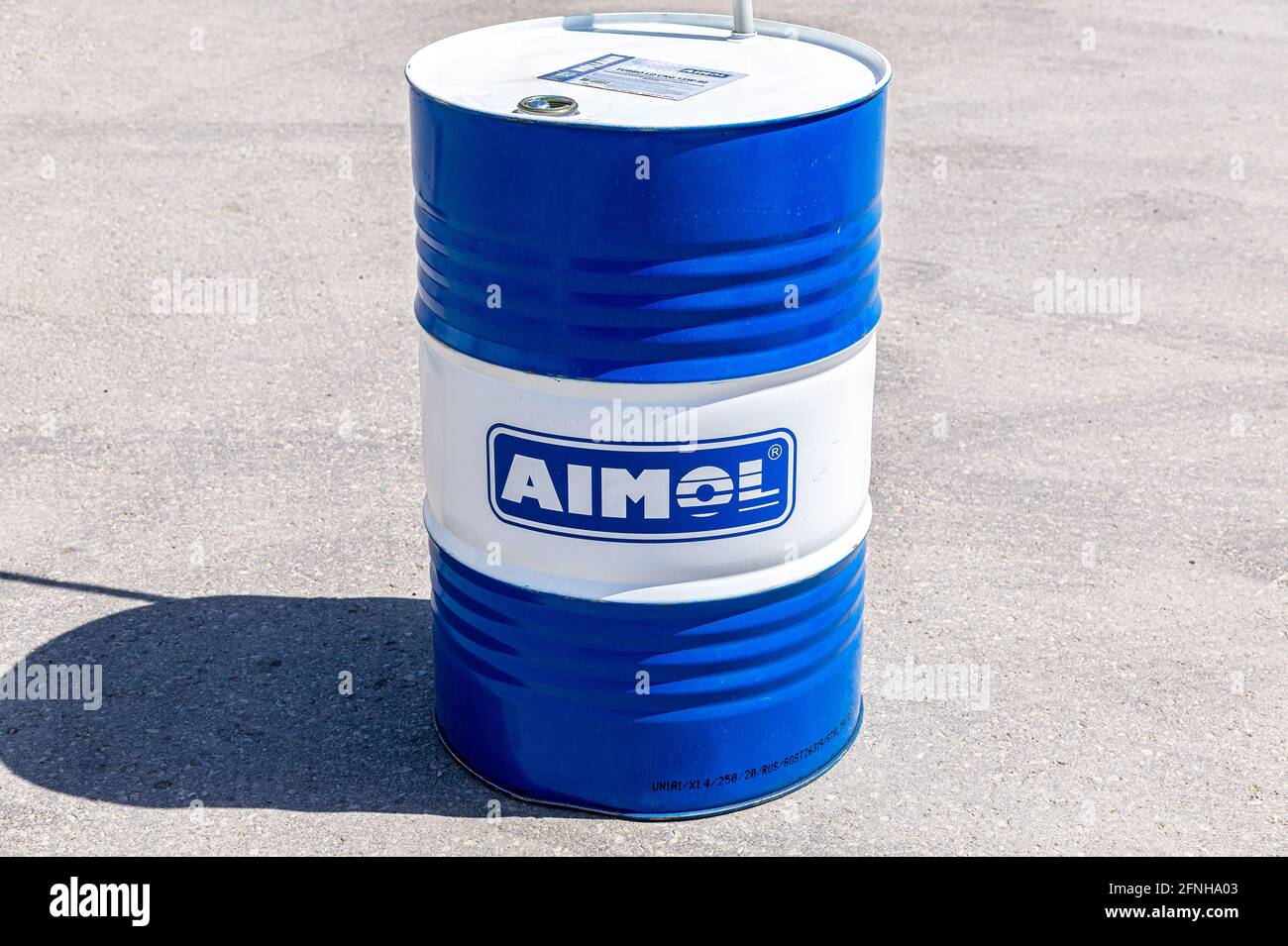 Samara, Russia - May 15, 2021: Barrel of oil company Aimol with logo ...