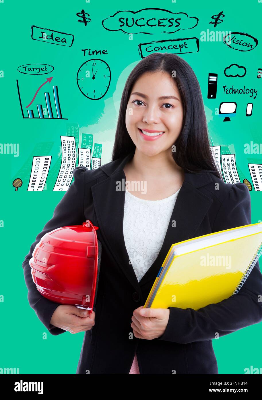 Asian woman thinking many ideas on green background. Positive human ...