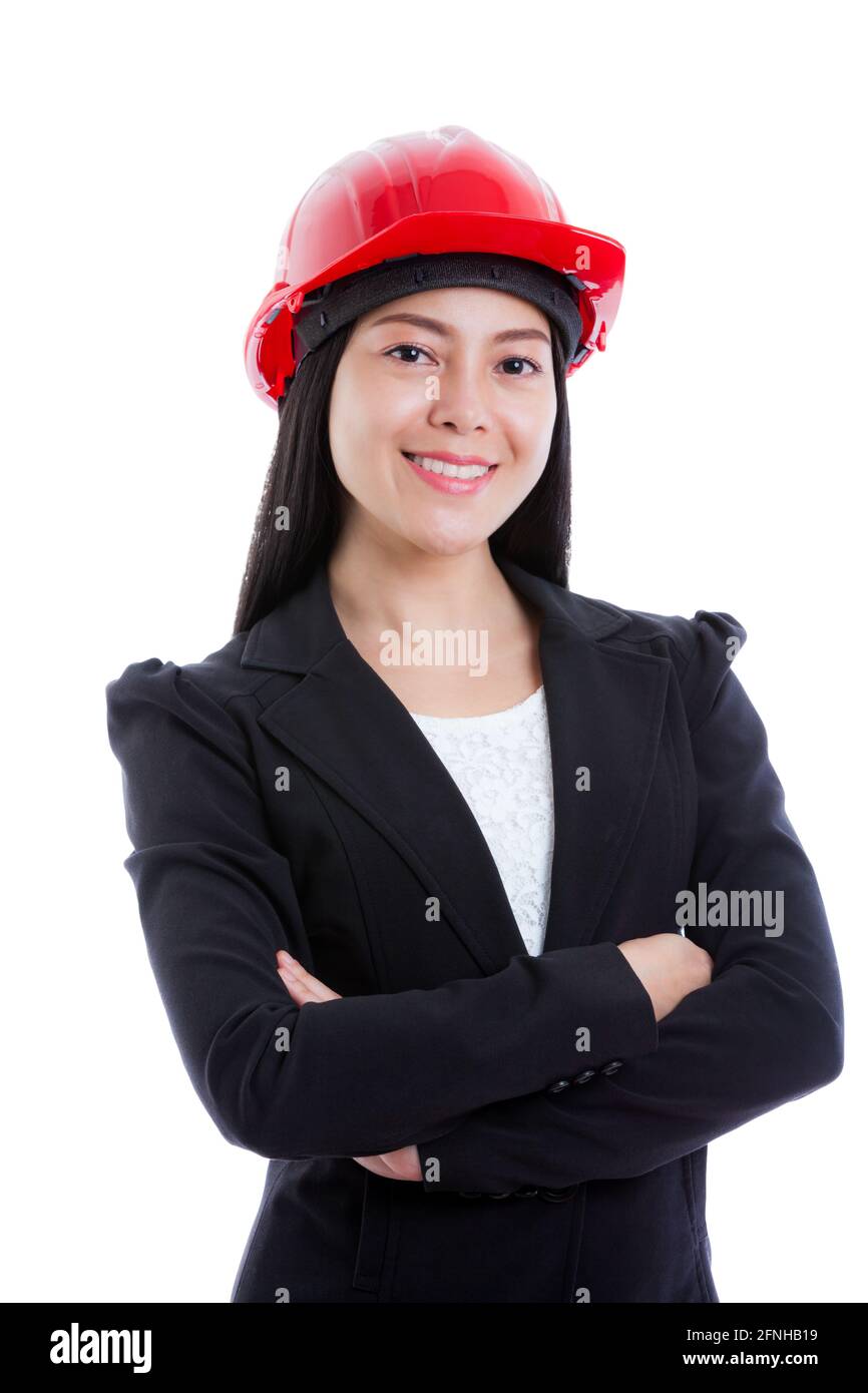 Portrait of asian attractive professional female contractor wearing red ...