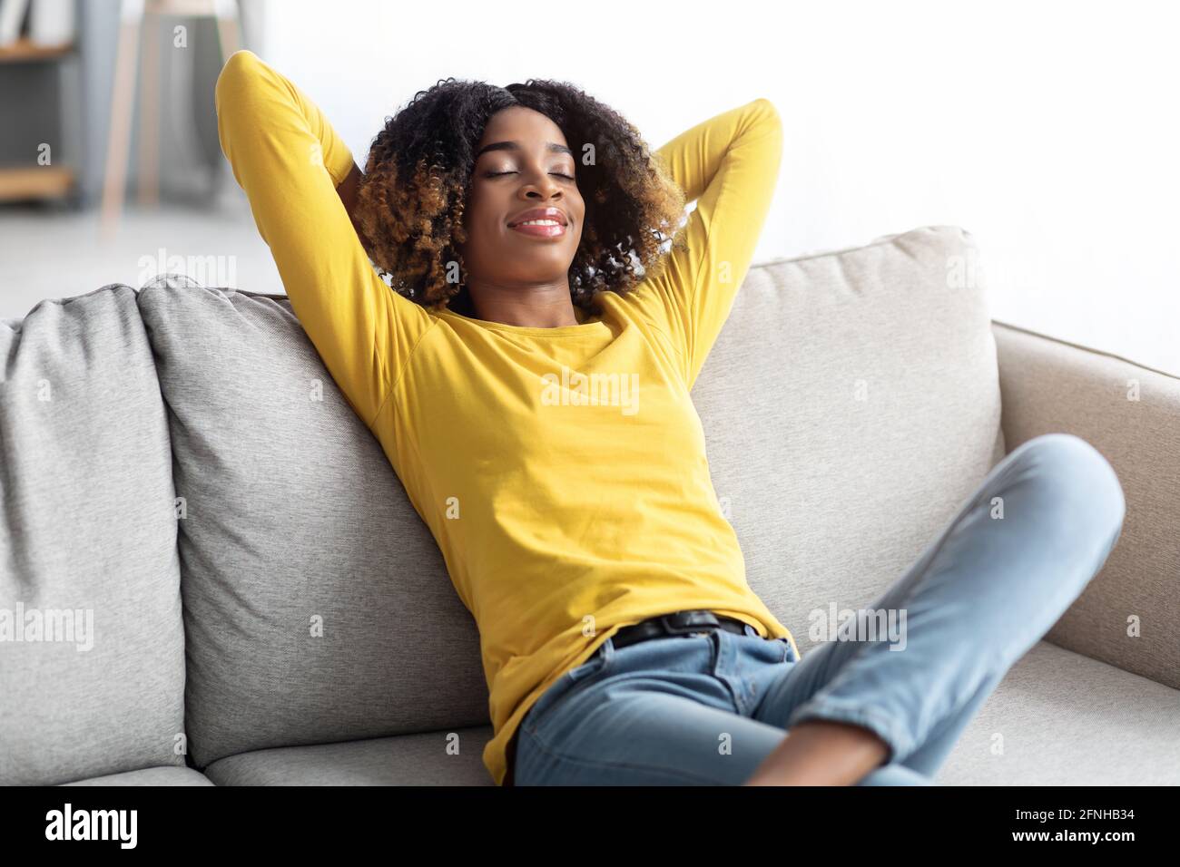 Weekend Relax. Portrait Of Calm Black Woman Resting On Couch At Home ...