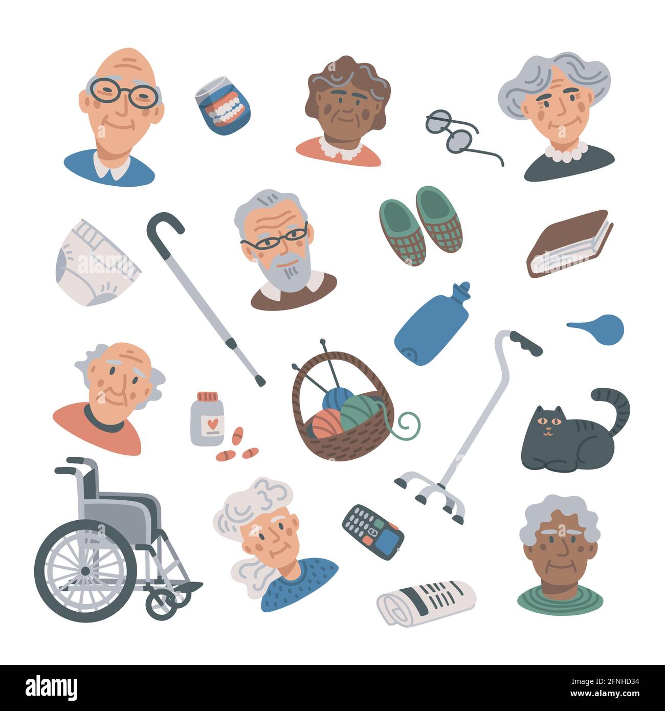 Senior lifestyle flat icons set with elderly people portraits and ...