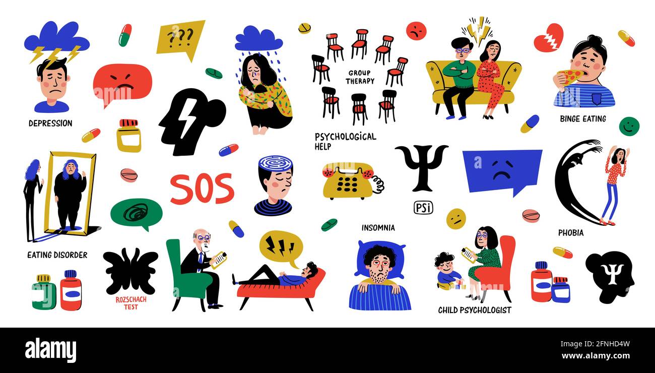 Psychology. Big Set of hand drawn icons on white background. Psychology ...