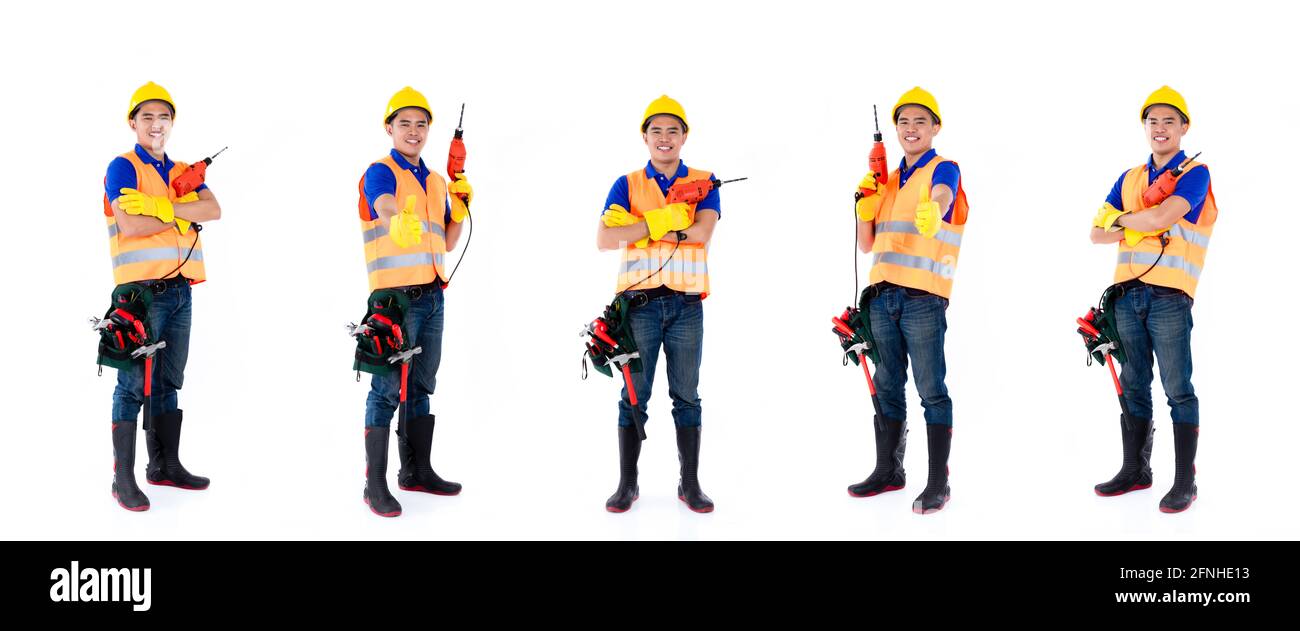 Asian construction worker, man standing, compositing of five scenes ...