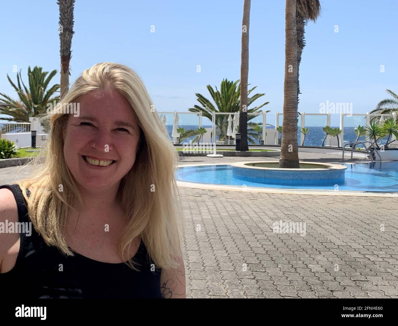 Rachel Butcher, 37, from Norwich, at her hotel on Madeira, after she ...