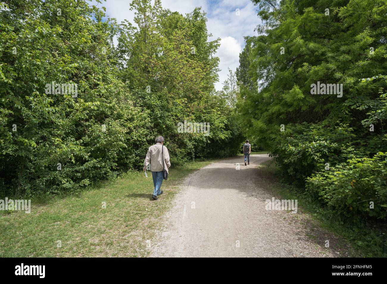 Two persons are walking on a path into the park Stock Photo - Alamy