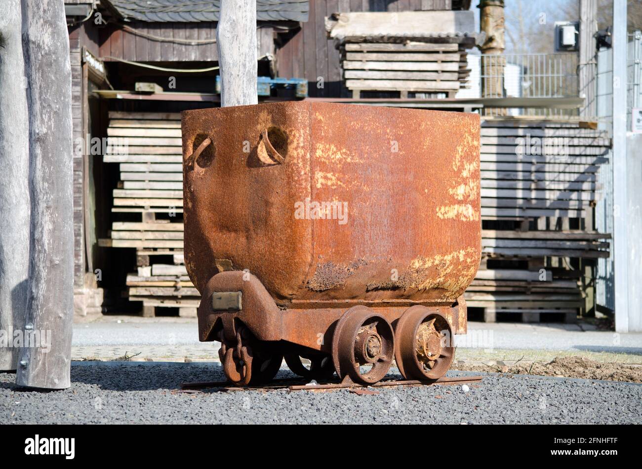 An old, rusty and retired mining venture standing on an public place ...