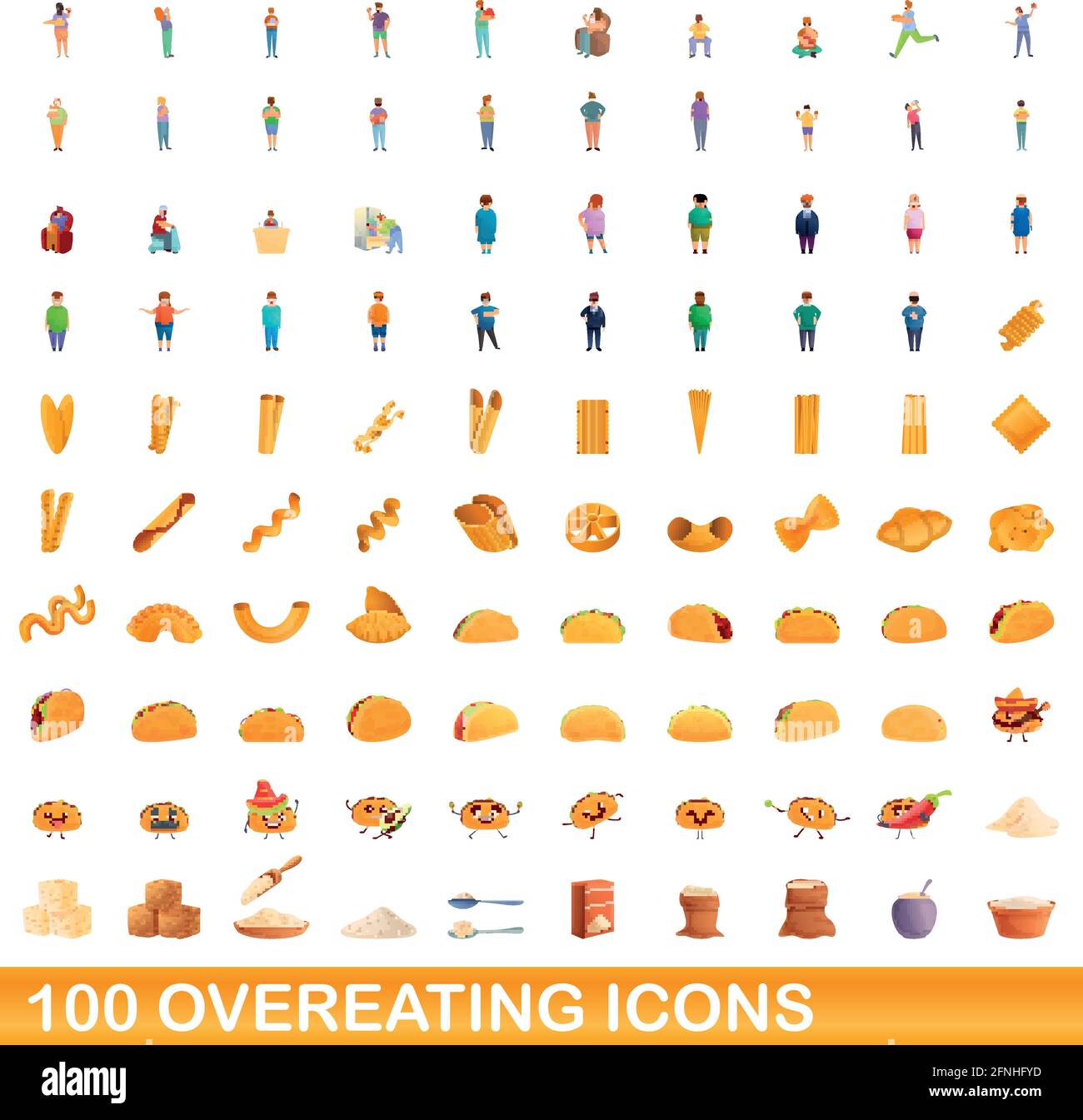100 overeating icons set. Cartoon illustration of 100 overeating icons ...