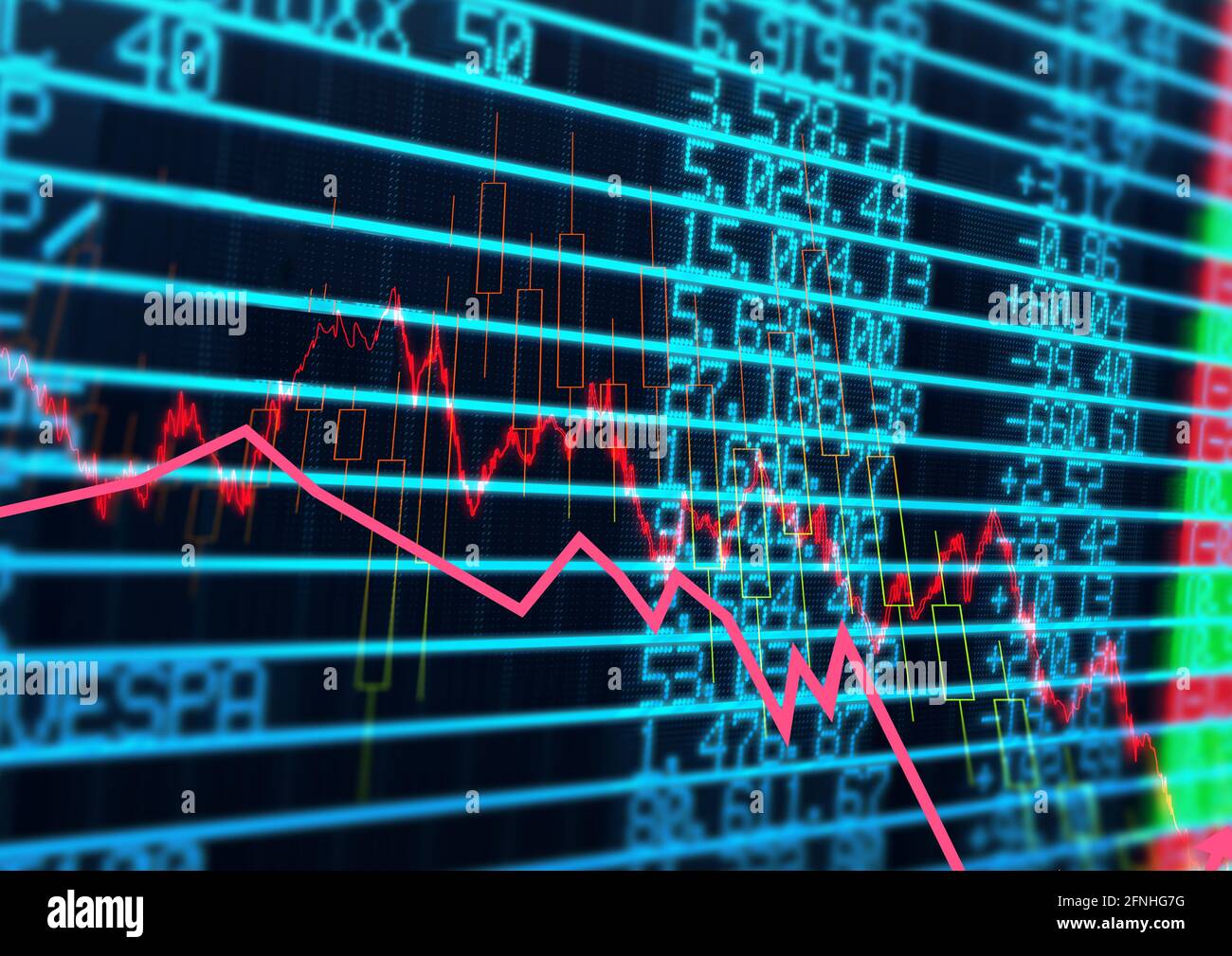 Stock market data and graphs processing over black background, finances ...