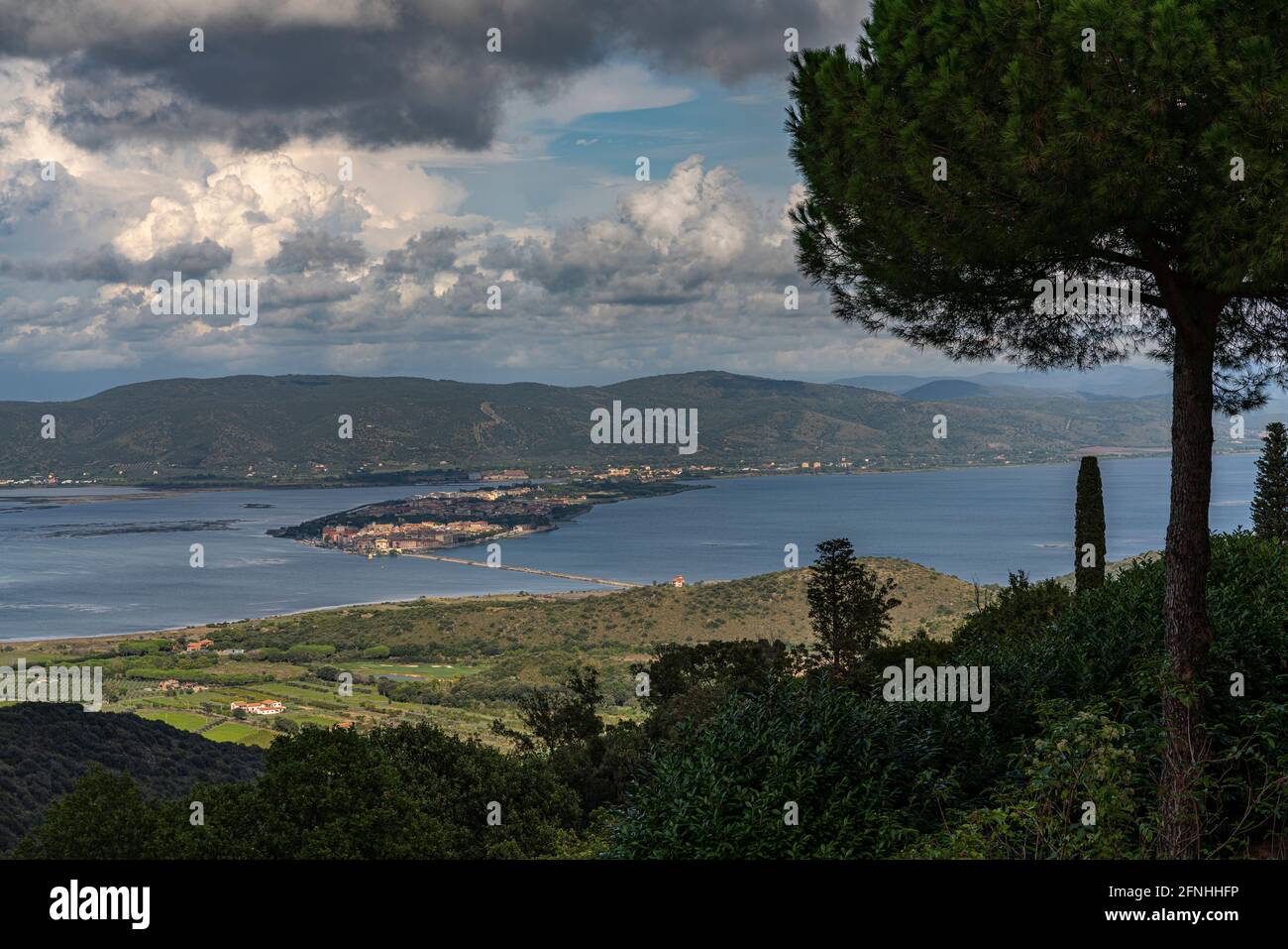 The peninsula of Orbetello with the city of Orbetello, in Tuscany ...