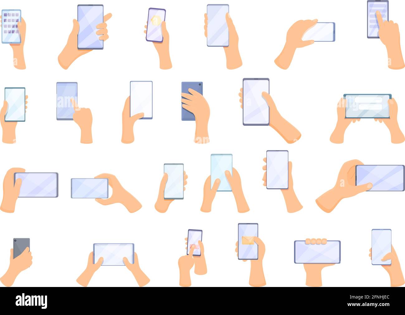 Hand holding phone icons set. Cartoon set of hand holding phone vector ...