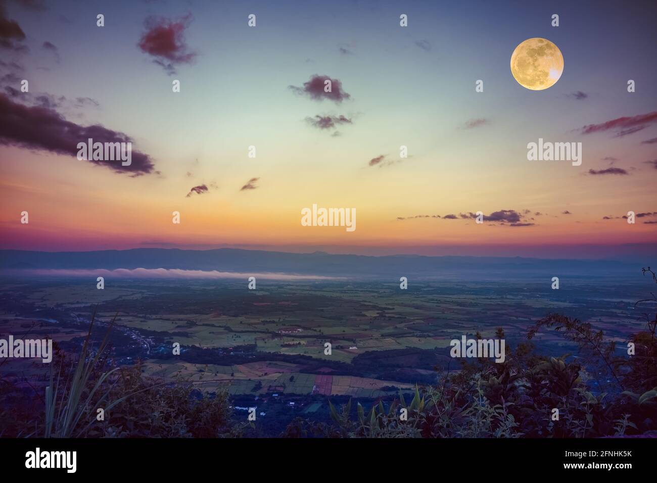 The full moon in the evening after sunset. Scenes from view point with ...