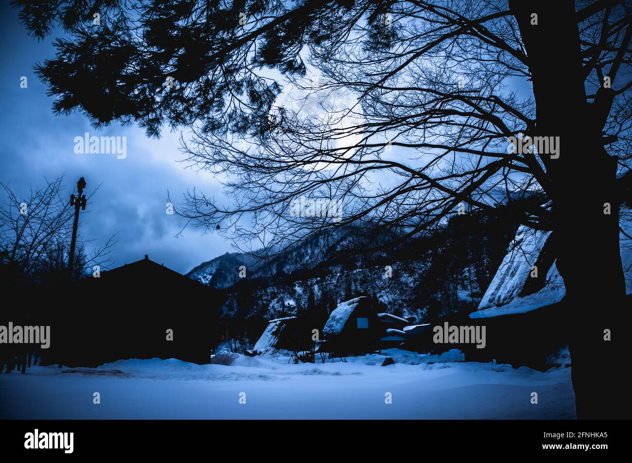 Snow covered the ground in winter. Silhouette of town and dry trees ...