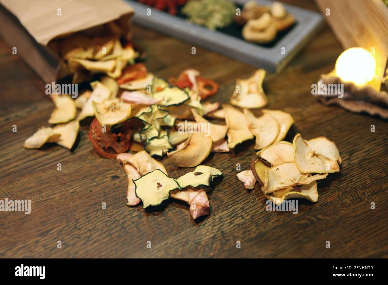 Raw Organic Dried fruits, apples, Mangos on a table. dehydrated fruits ...