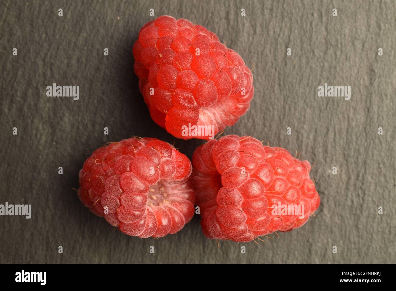 Three red organic, ripe raspberry berry, close-up, on a slate board ...