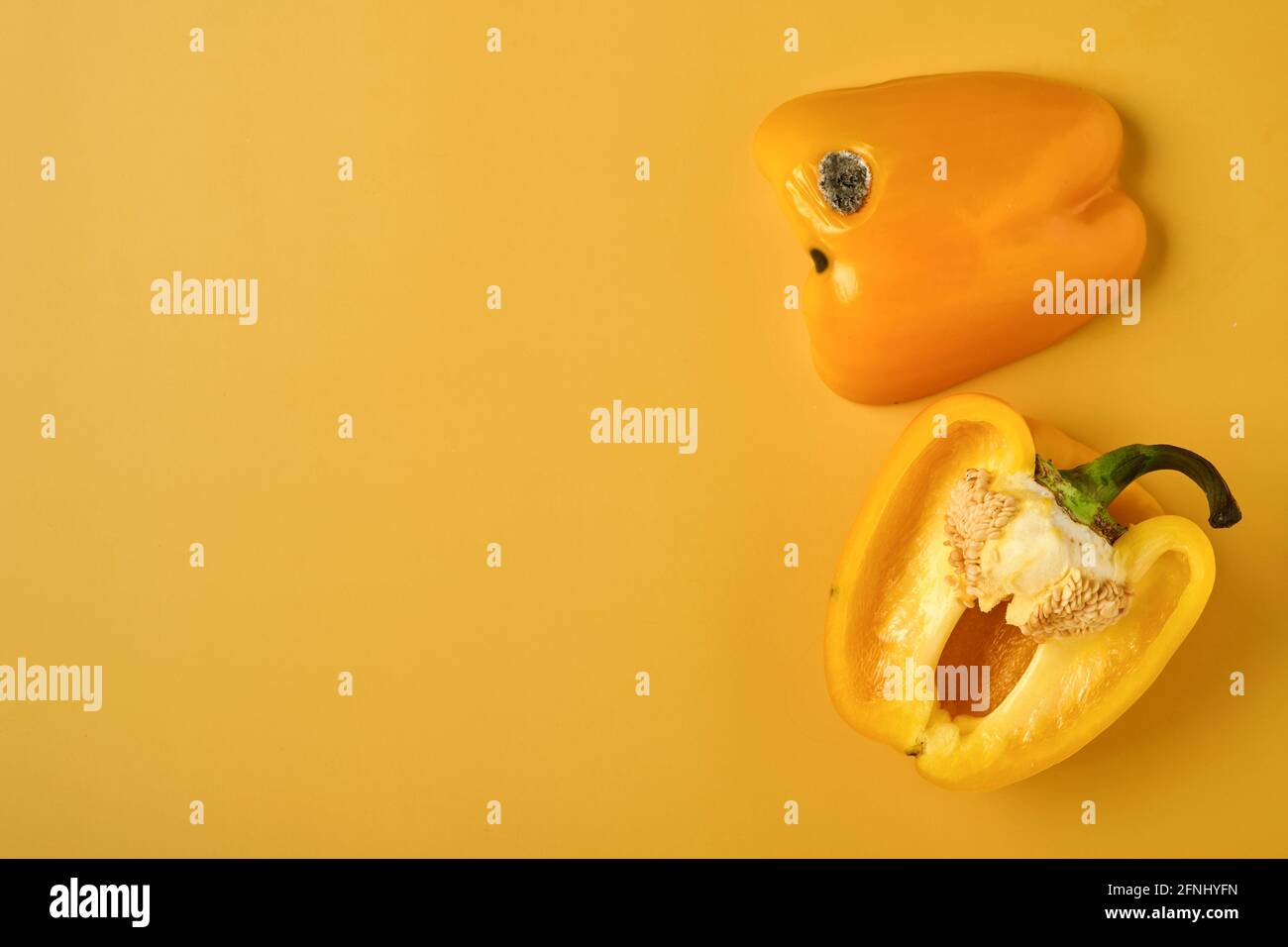 Moldy and wrinkled rotten yellow peppers. Concept of unhealthy ...