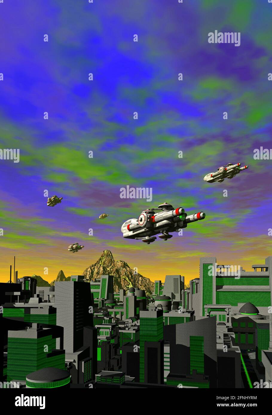 spaceships flying over the city, 3d illustration Stock Photo - Alamy
