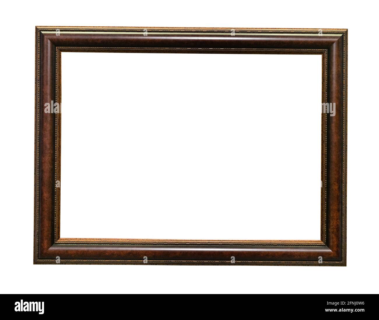 dark brown wooden picture frame with blank canvas cutout on white ...