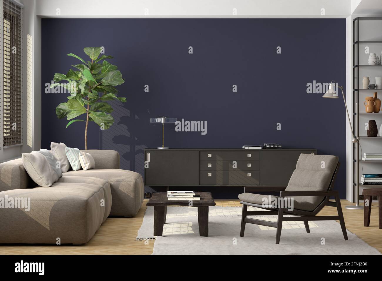 Mock up of blank blue wall in interior of living room Stock Photo - Alamy