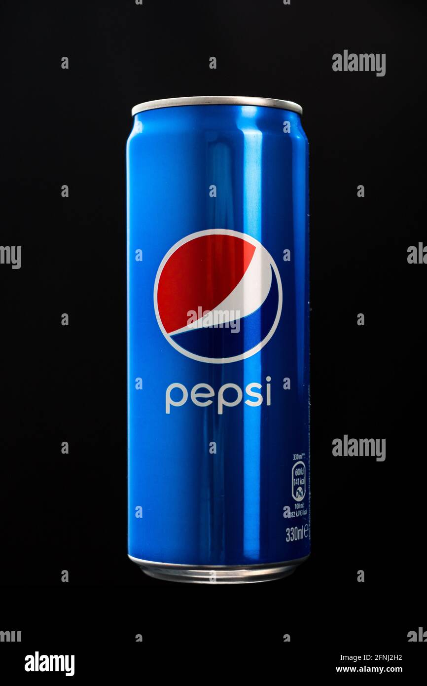 Editorial photo of classic Pepsi can on black background. Studio shot ...