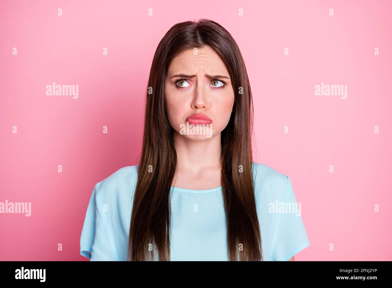 Photo of sad young lady bad mood crying offended wear casual blue t ...