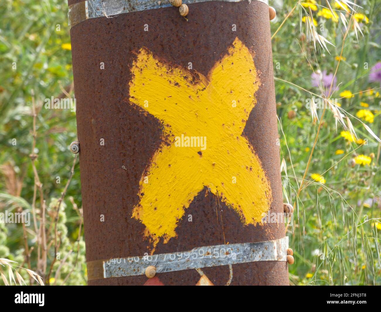 Yellow cross, sign on the rural road indicating various indications or ...