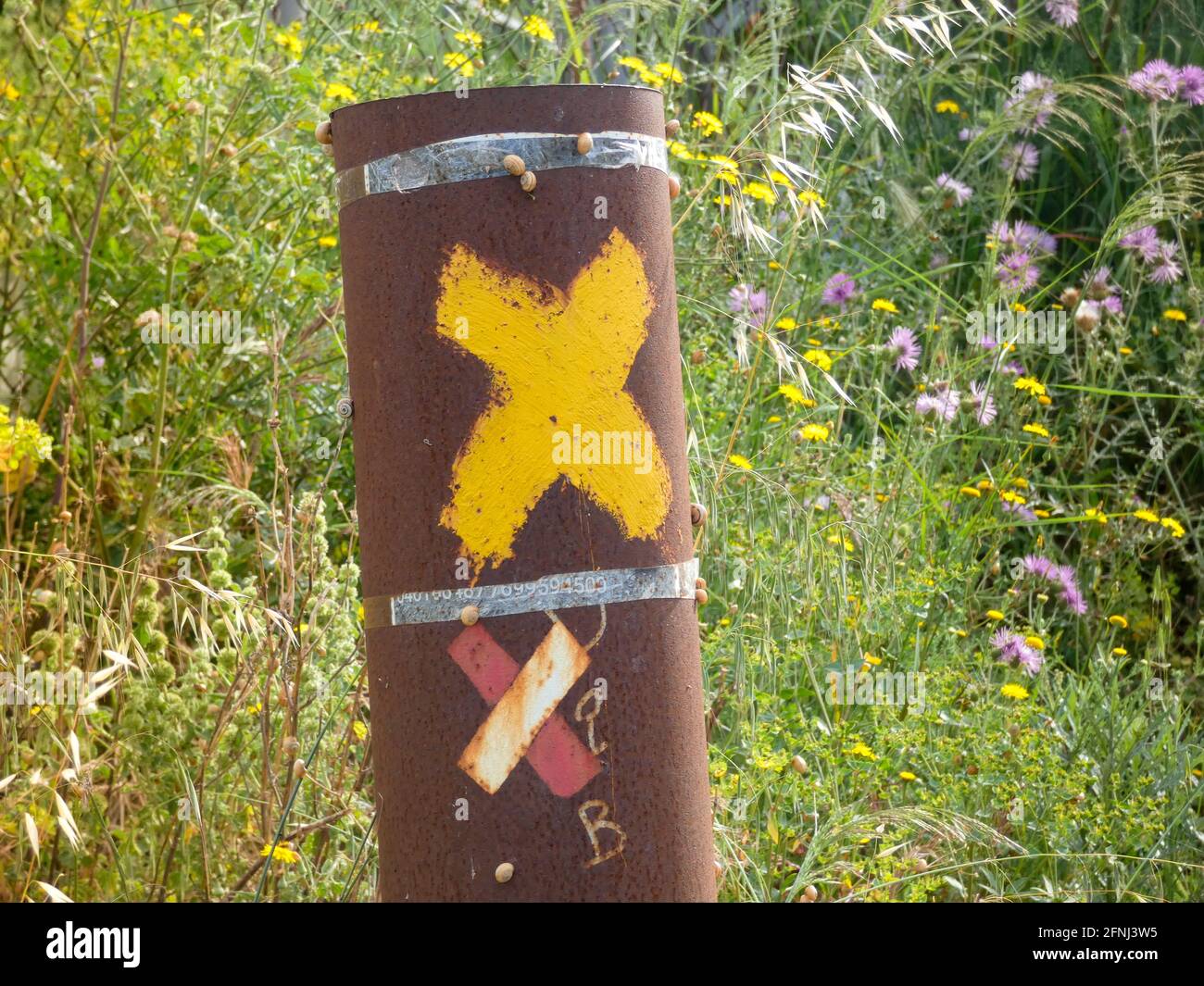 Yellow cross, sign on the rural road indicating various indications or ...
