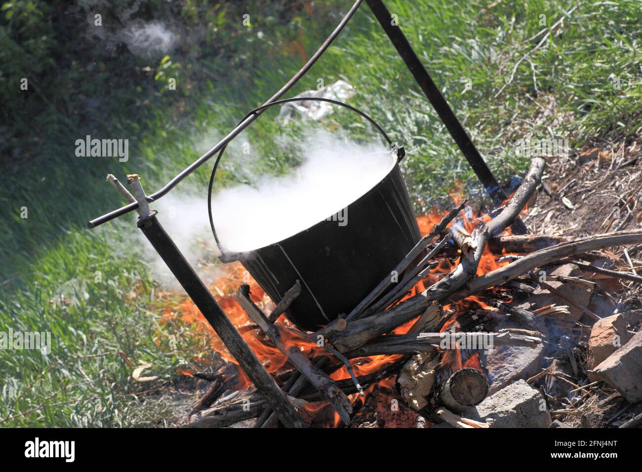The cauldron with steam on a bonfire Stock Photo - Alamy