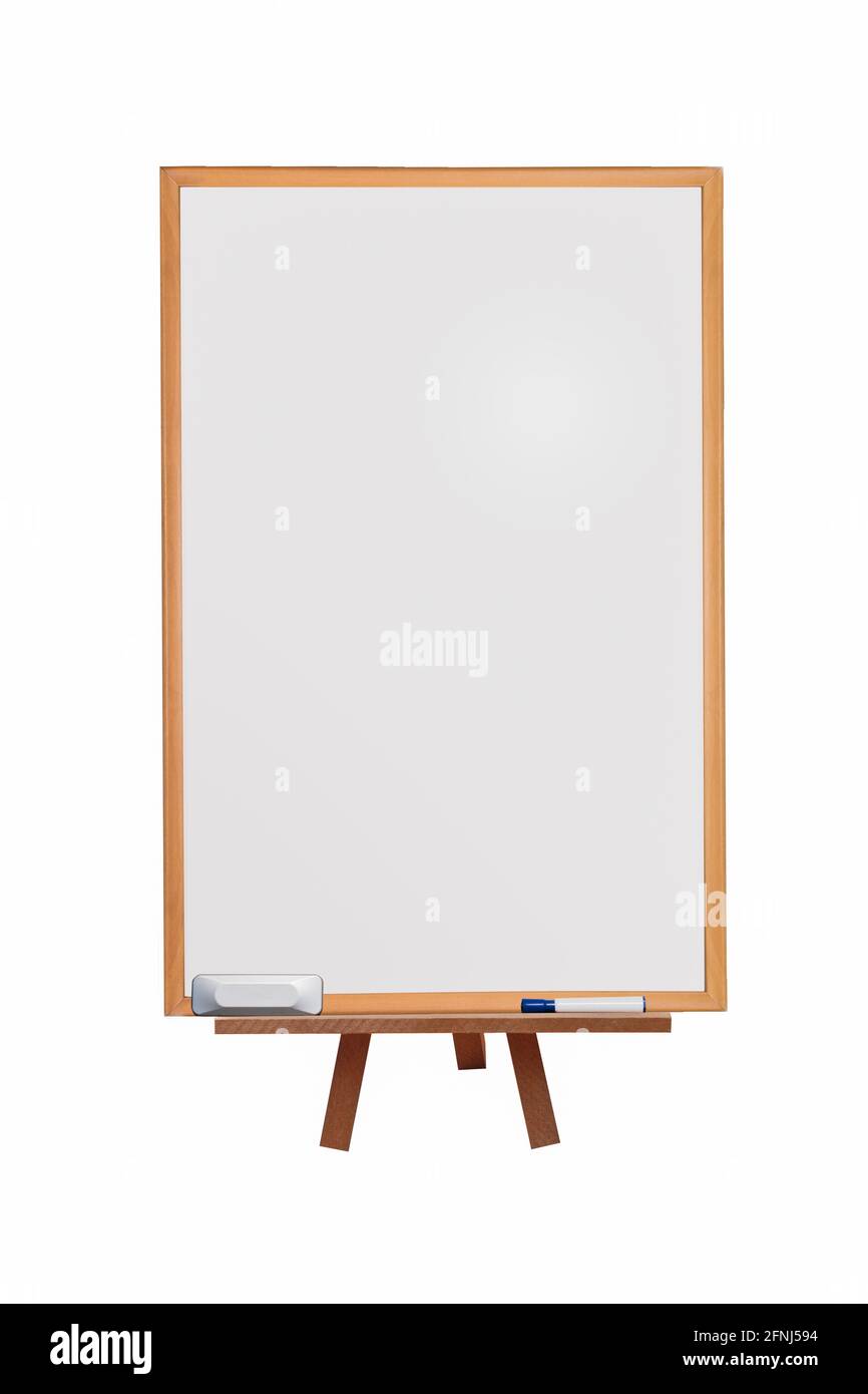 Vertical white board with marker, eraser and easel on isolated ...