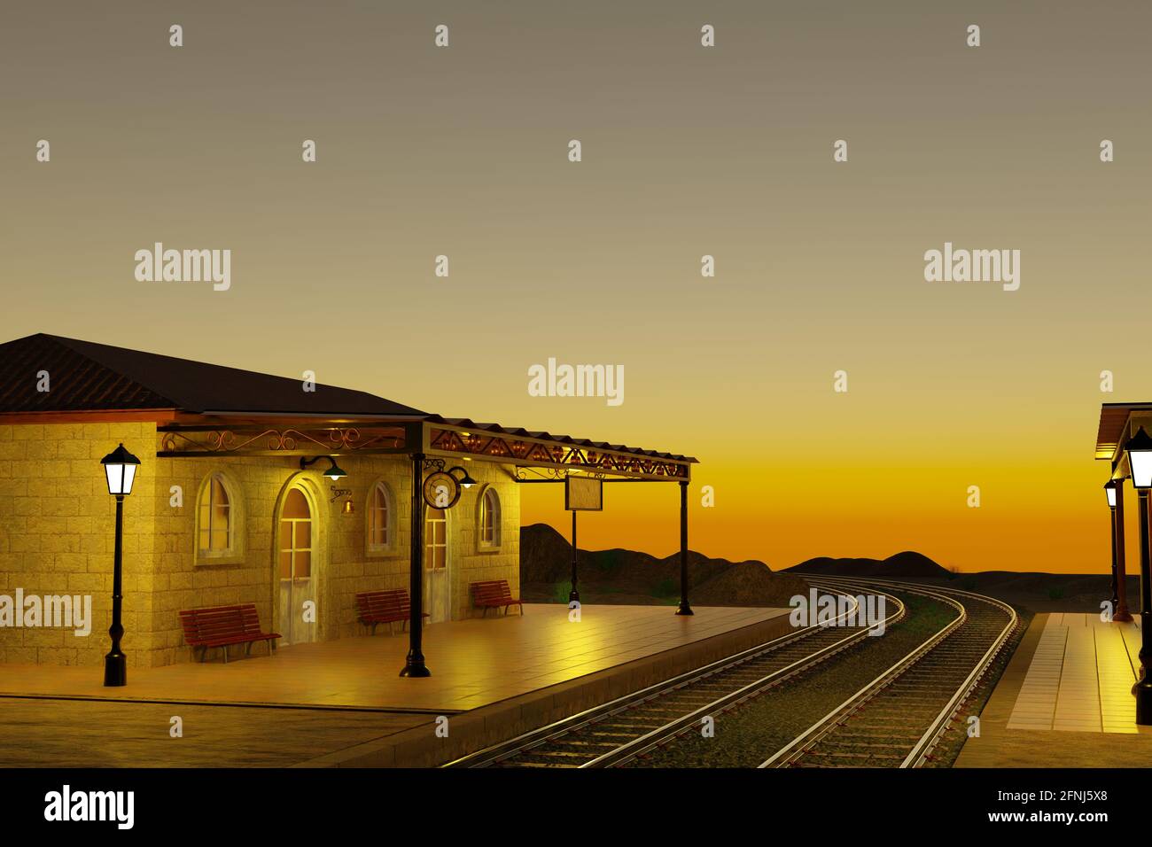 Train station at sunset. 3D illustration Stock Photo - Alamy